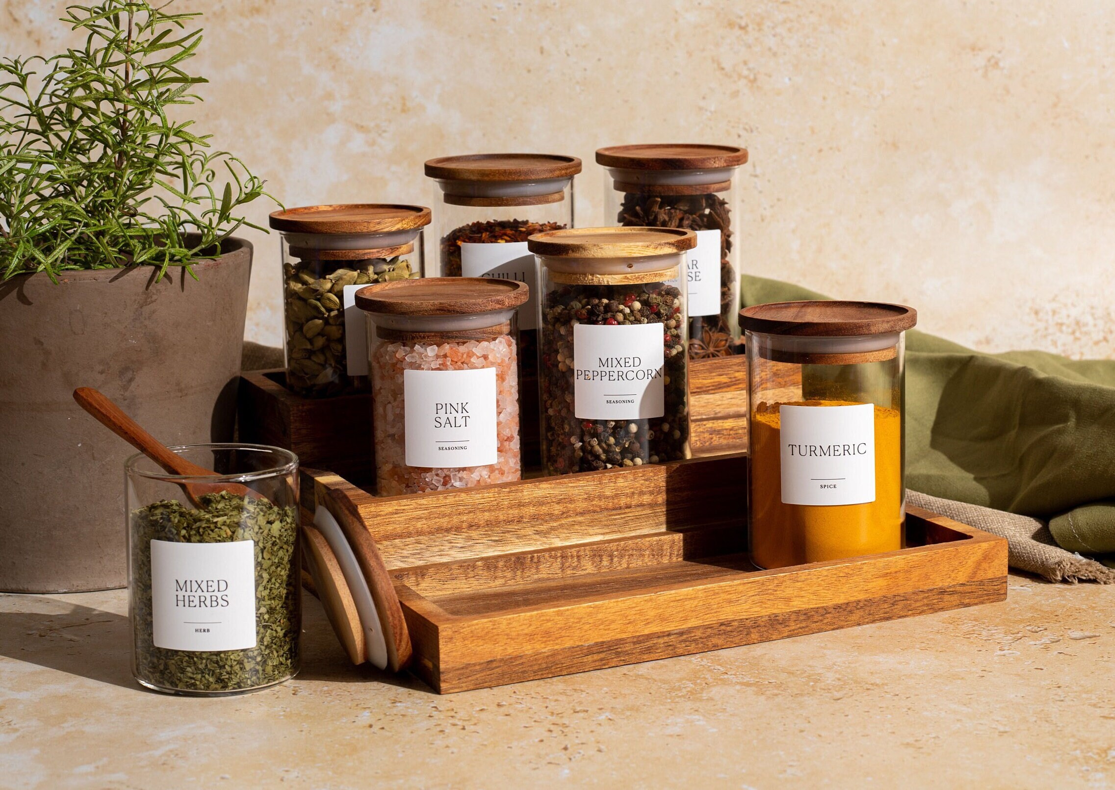 JAY Labelled Glass Spice Jars With Natural Acacia Wood Lids Size 200ml and 300ml Custom Labels Organise Pantry Minor Imperfection Etsy UK