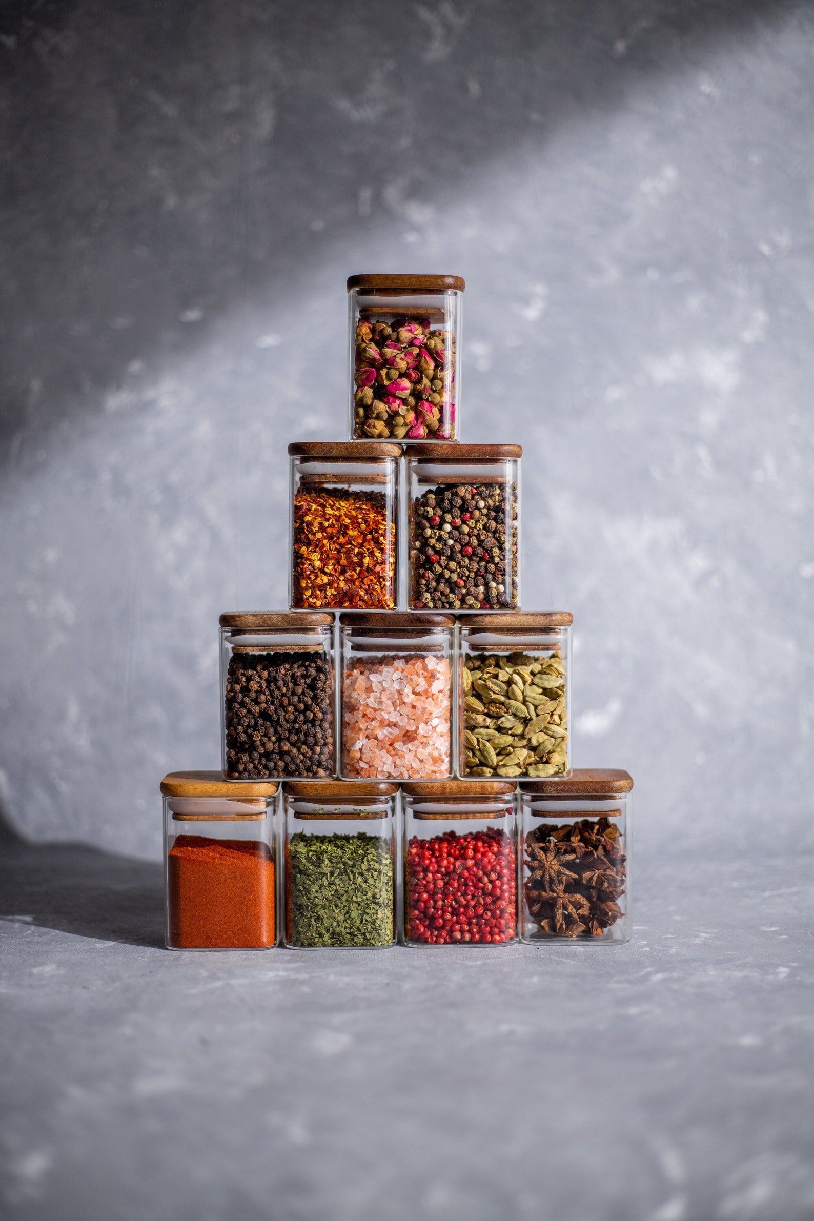 CARA Square Glass Spice Jars With Natural Acacia Wood Lids - Etsy