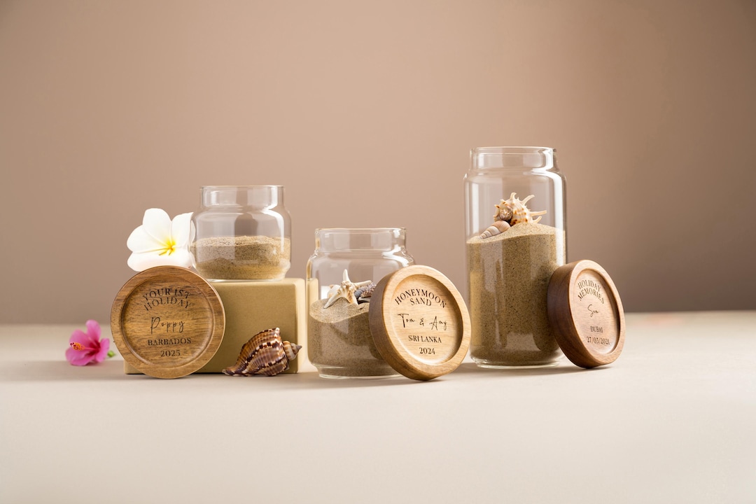 Personalised Sand Keepsake Jar: Engraved Acacia Wood Lid, Honeymoon ...