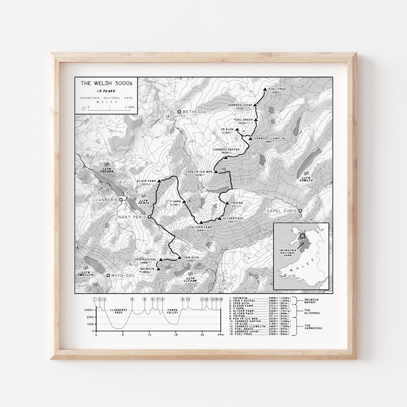 The Welsh 3000s - Snowdonia, Wales, UK - Hiking Trail Map Art Print ...