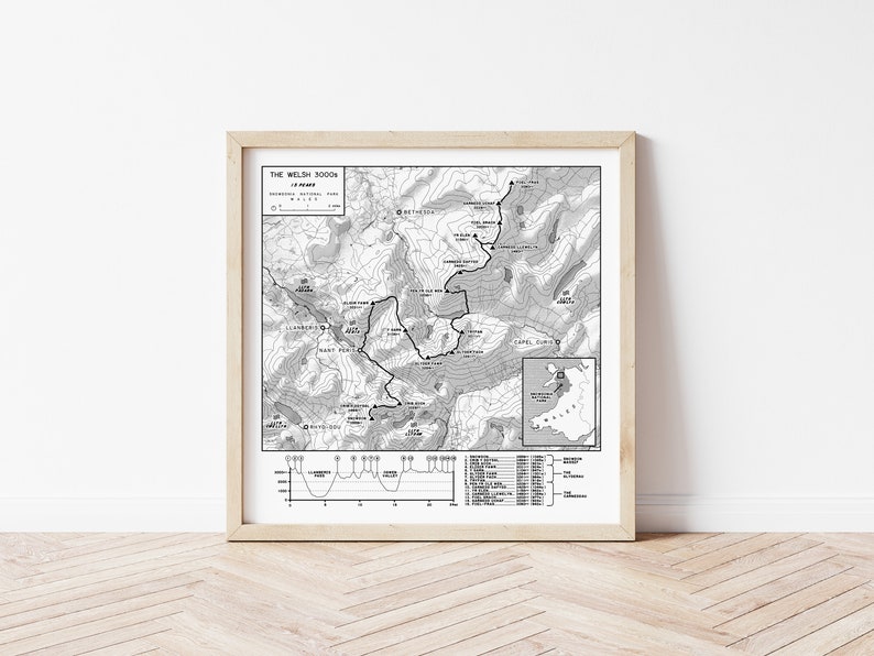 The Welsh 3000s - Snowdonia, Wales, UK - Hiking Trail Map Art Print - Etsy