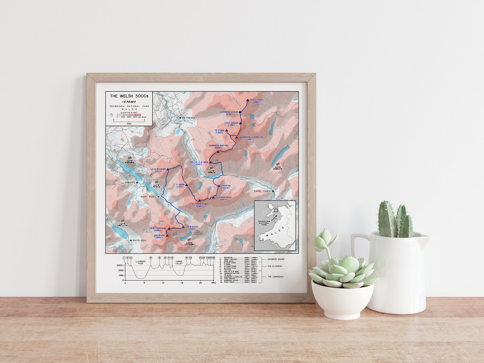 The Welsh 3000s - Colour - Snowdonia, Wales, UK - Hiking Trail Map Art ...