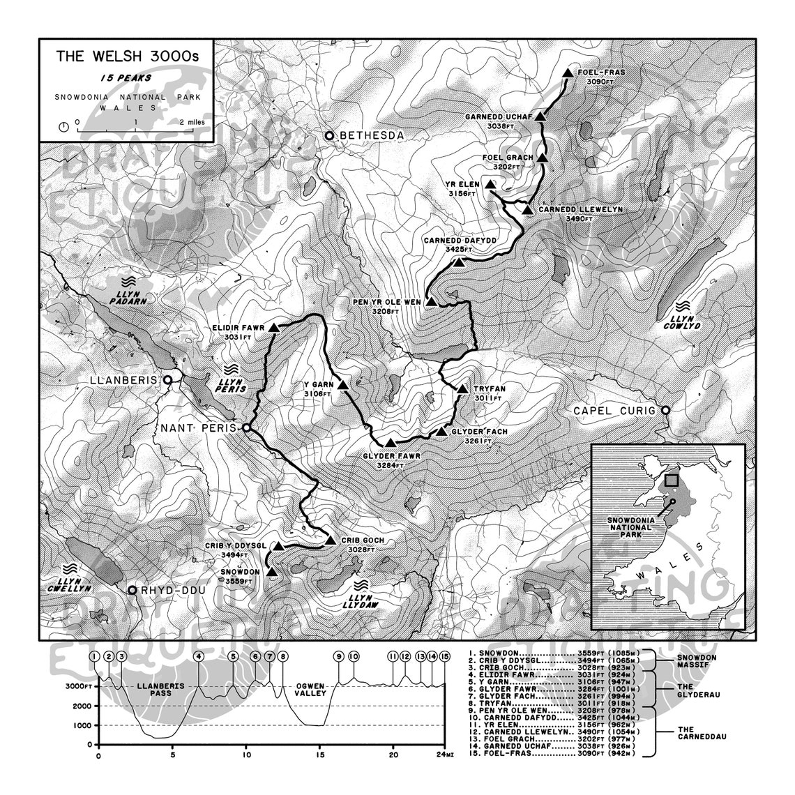 The Welsh 3000s - Snowdonia, Wales, UK - Hiking Trail Map Art Print ...