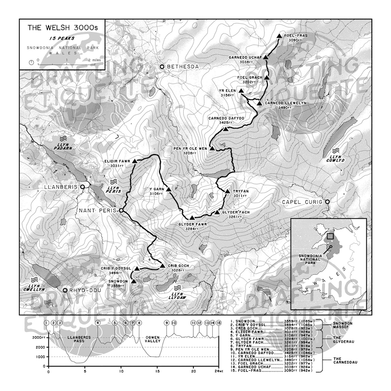 The Welsh 3000s - Snowdonia, Wales, UK - Hiking Trail Map Art Print ...
