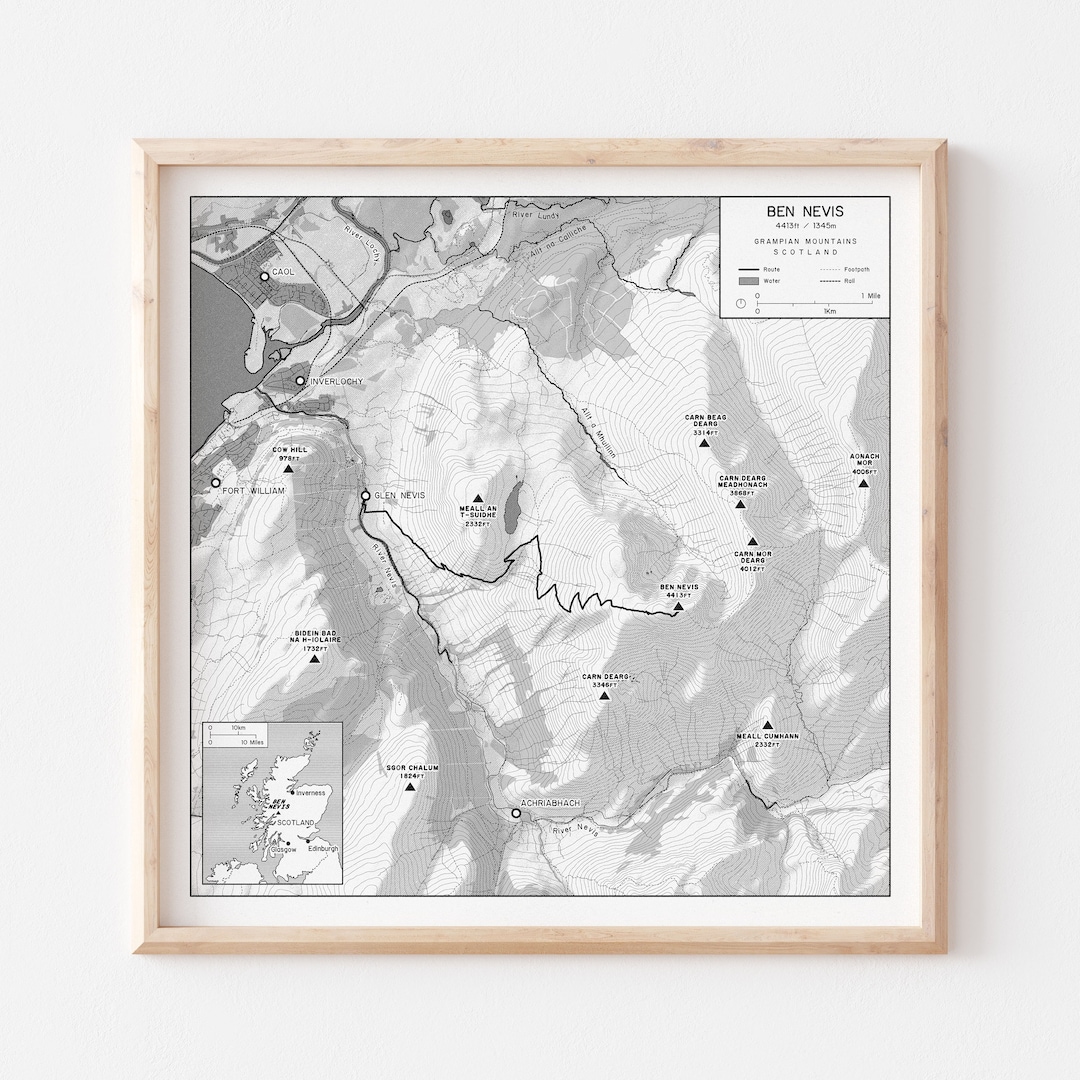 BEN NEVIS - Grampian Mountains, Scotland, UK - Hiking Trail Map Art ...