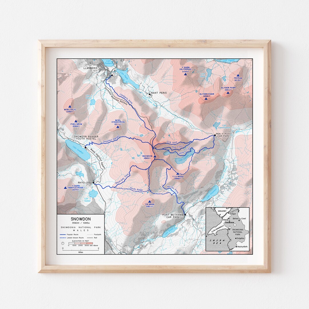 SNOWDON - Colour - Snowdonia, Wales, UK - Mountain Hiking Trail Map Art ...