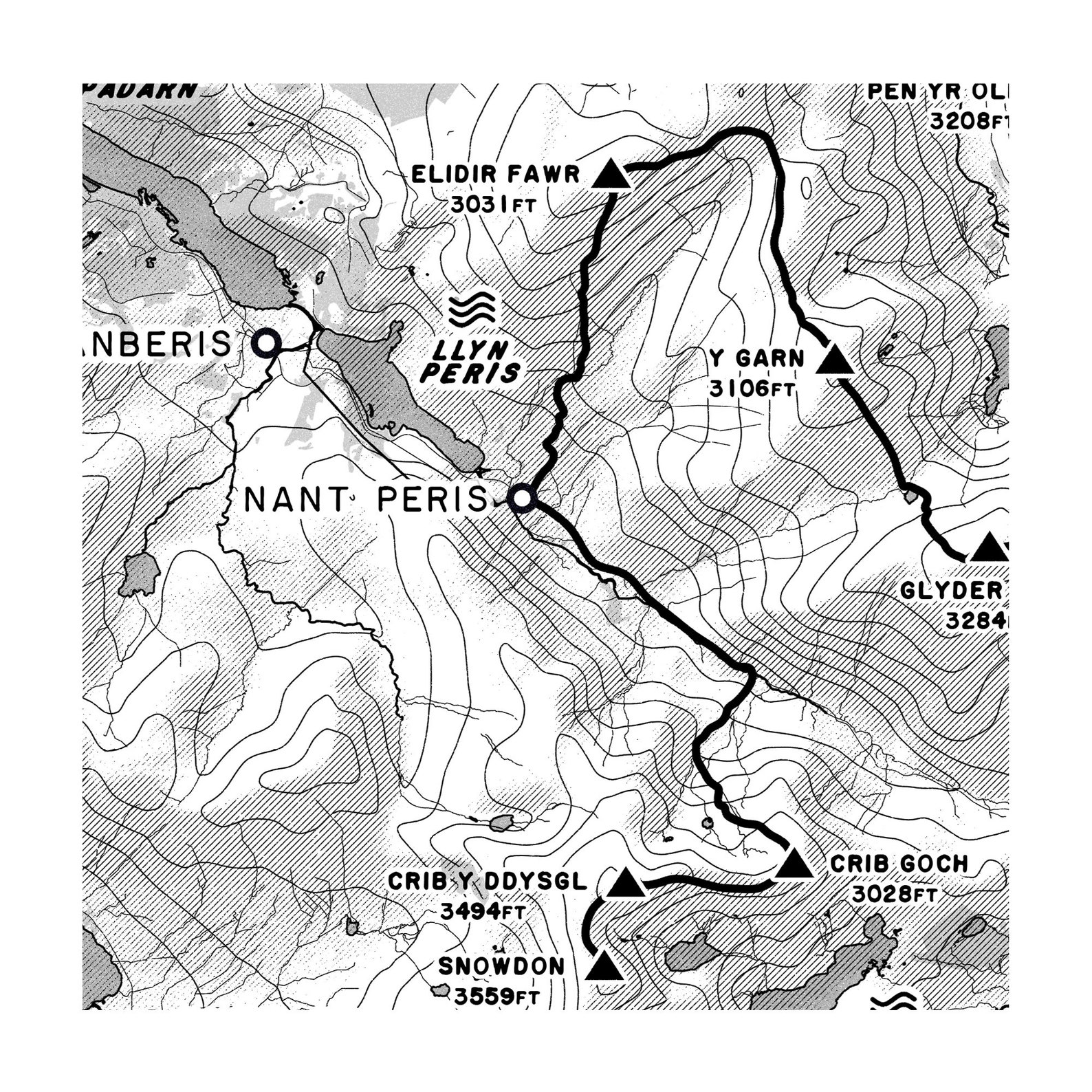 The Welsh 3000s - Snowdonia, Wales, UK - Hiking Trail Map Art Print ...
