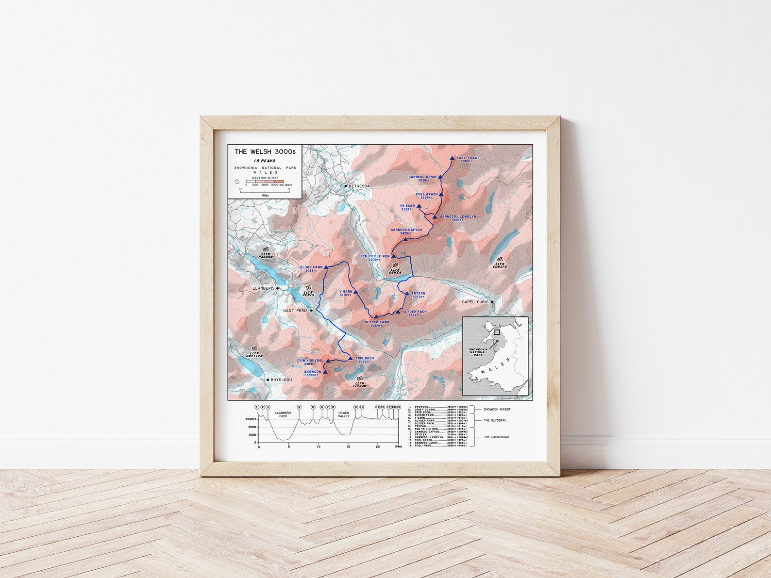 The Welsh 3000s - Colour - Snowdonia, Wales, UK - Hiking Trail Map Art ...