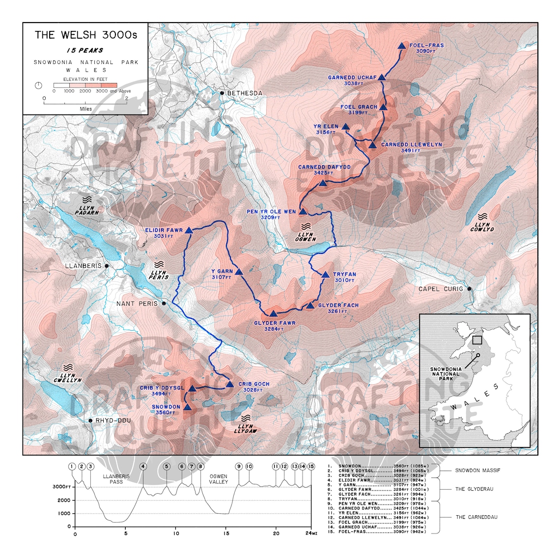 The Welsh 3000s - Colour - Snowdonia, Wales, UK - Hiking Trail Map Art ...