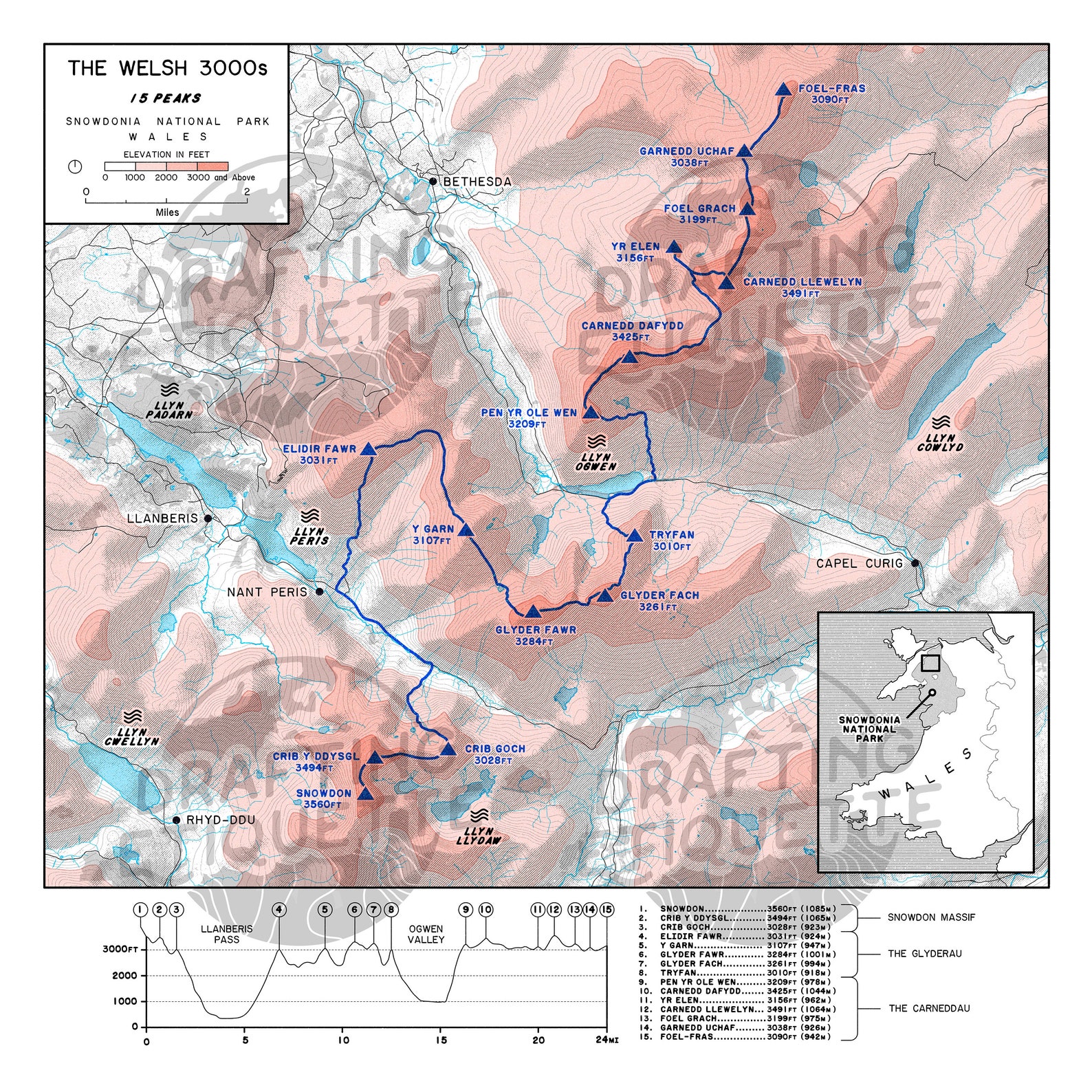 The Welsh 3000s - Colour - Snowdonia, Wales, UK - Hiking Trail Map Art ...