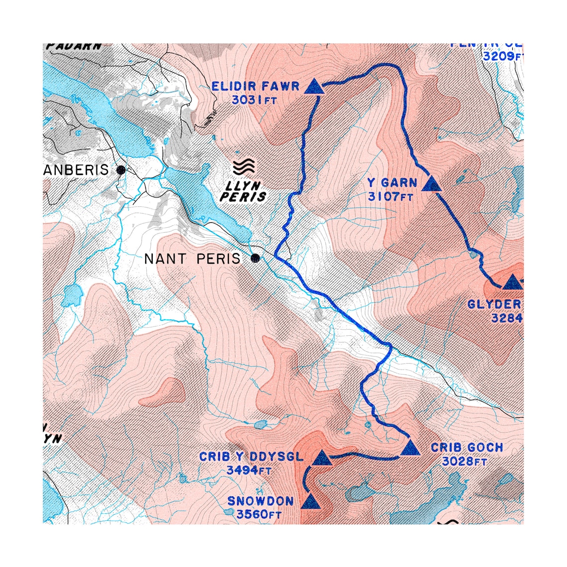 The Welsh 3000s - Colour - Snowdonia, Wales, UK - Hiking Trail Map Art ...