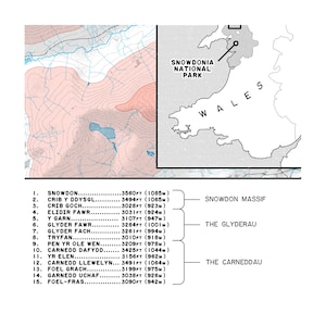 The Welsh 3000s - Colour - Snowdonia, Wales, UK - Hiking Trail Map Art ...