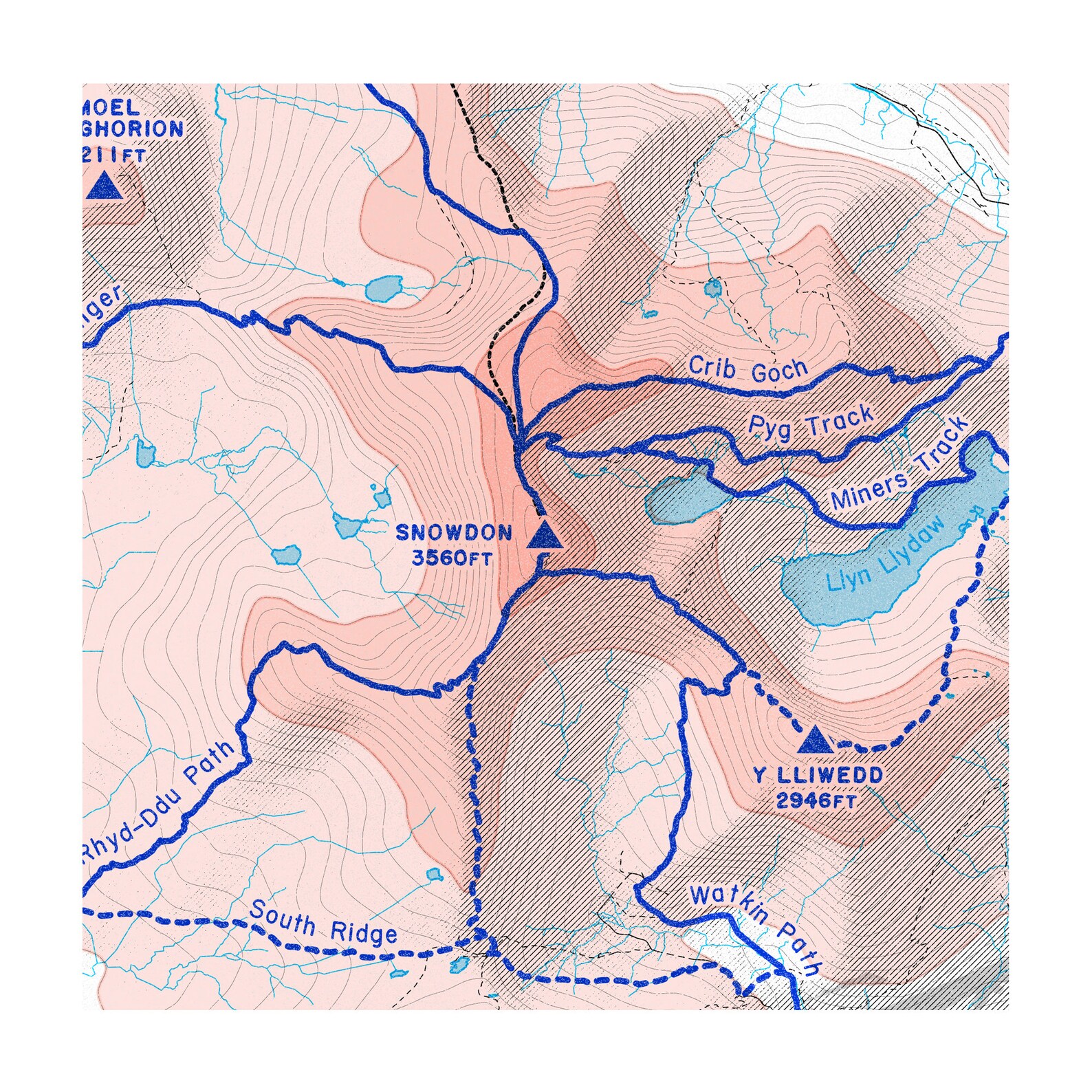 SNOWDON Colour Snowdonia, Wales, UK Mountain Hiking Trail Map Art Print ...