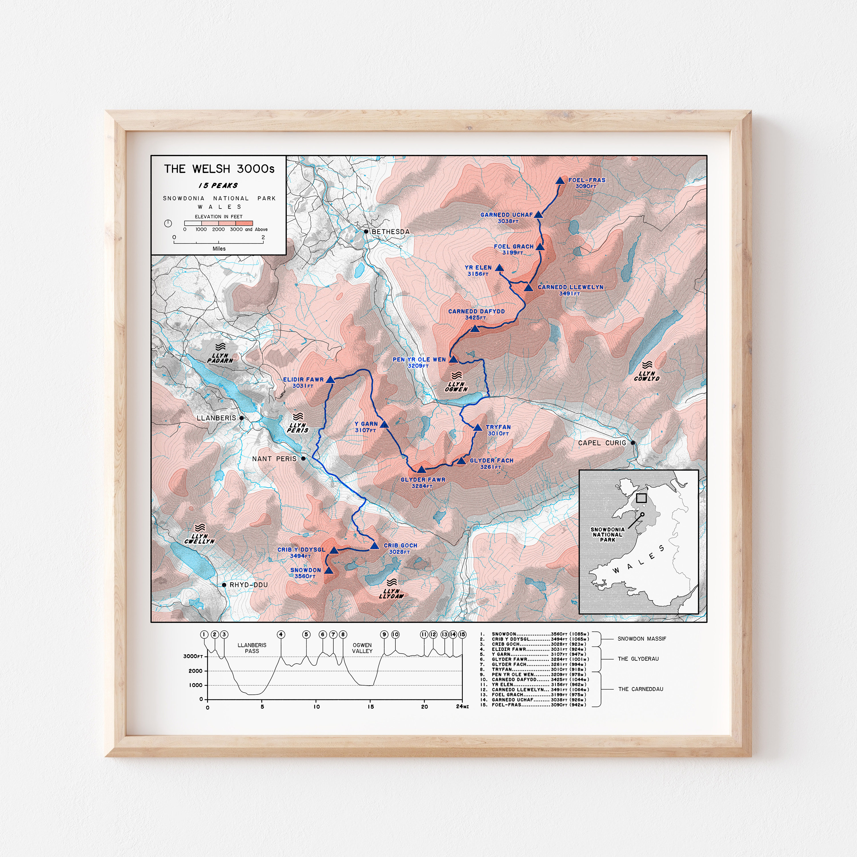 The Welsh 3000s - Colour - Snowdonia, Wales, UK - Hiking Trail Map Art ...