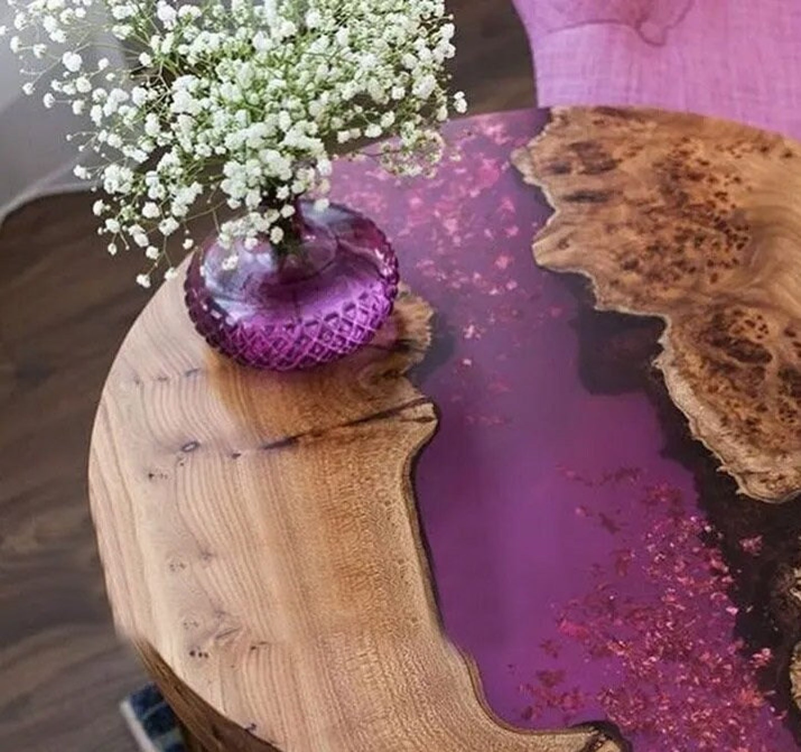 Purple Round Epoxy Resin Coffee Table Top Luxury Acacia Wooden Handmade ...