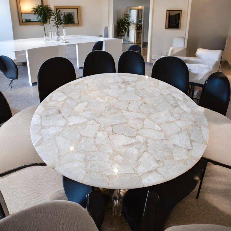 White Quartz Round Dining Table Top Gemstone Design, Handcrafted Modern ...