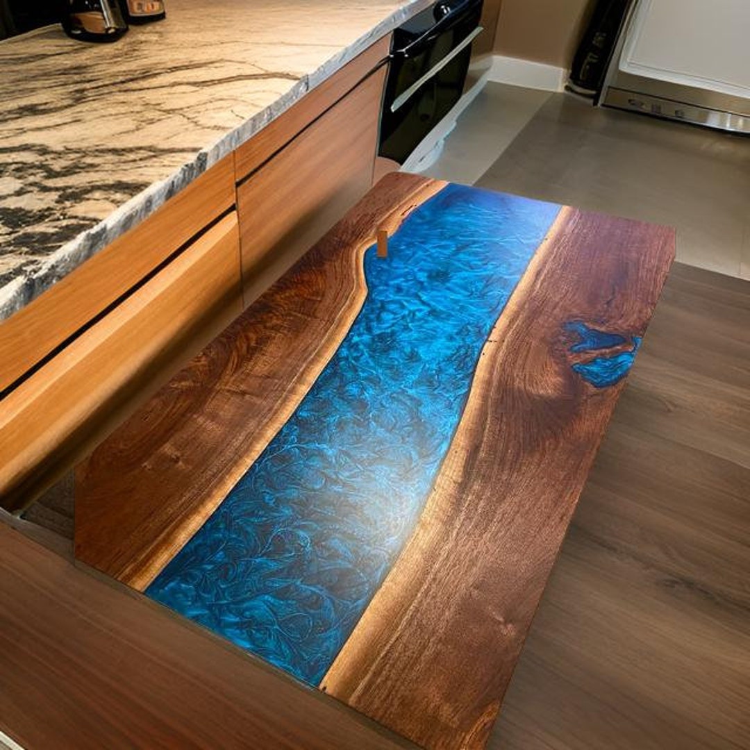 Customizable Blue Epoxy Resin and Wood Durable Dining Table With Sleek ...