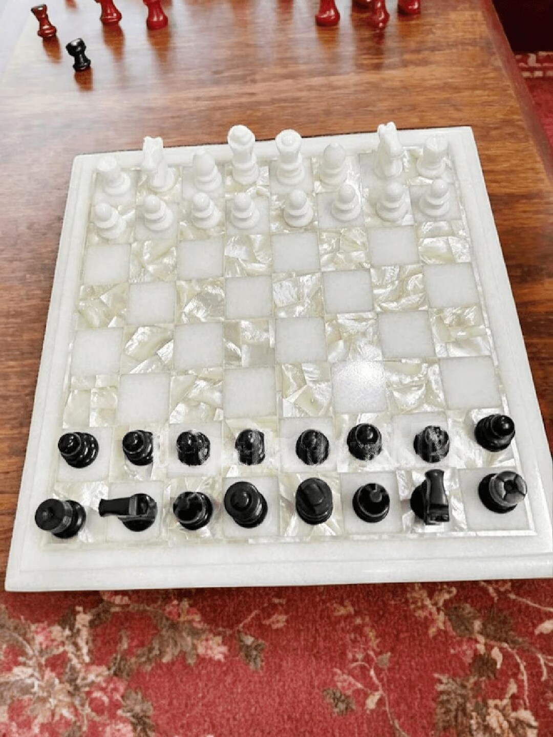 White Marble Square MOP Chess Table Top Handmade Chess Board With Multi ...