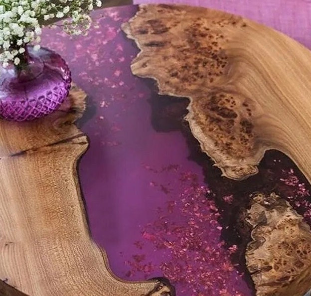 Purple Round Epoxy Resin Coffee Table Top Luxury Acacia Wooden Handmade ...