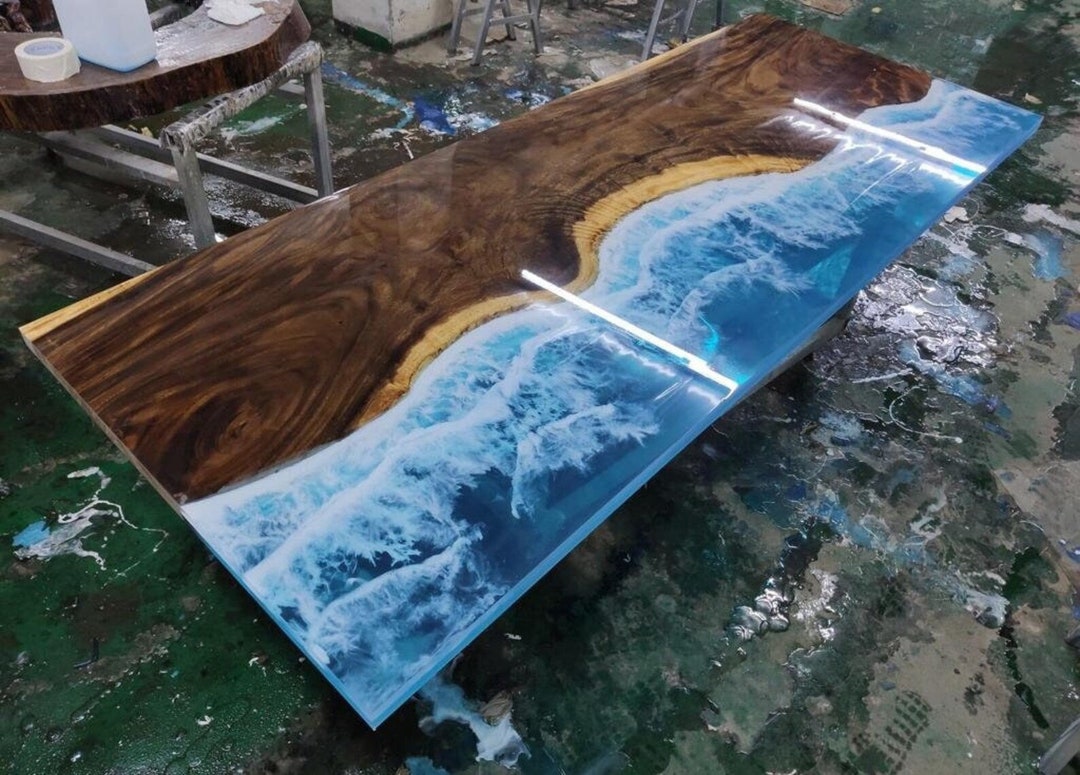 Vibrant Blue Epoxy Resin Table With River Design Eye-catching Statement ...