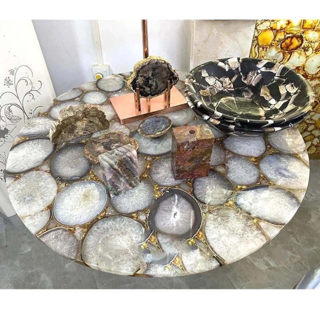 Shiny Grey Agates Stone Reception Table Round Shape Dining Table Top ...