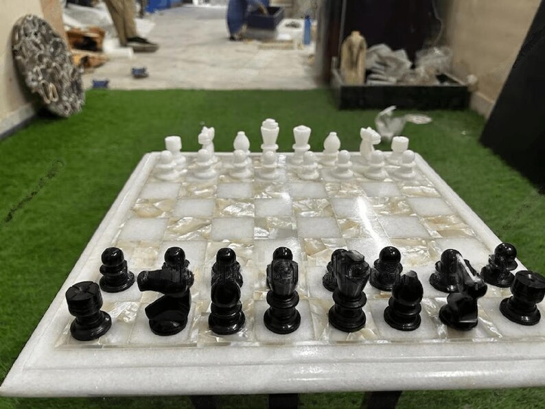 White Marble Square MOP Chess Table Top Handmade Chess Board With Multi ...