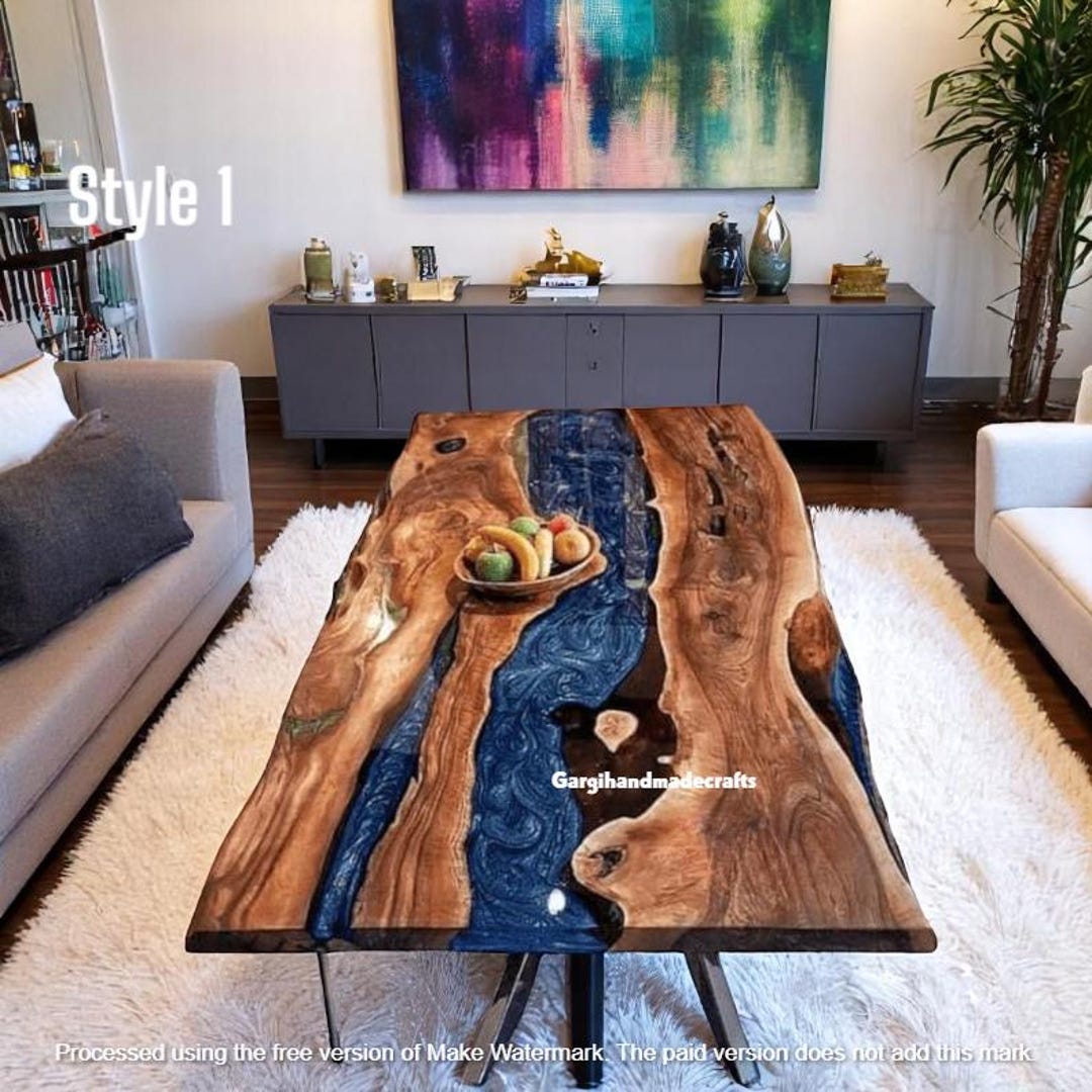 Blue Epoxy Resin Ocean Wave Dining Table, Handmade Wooden Live Edge ...