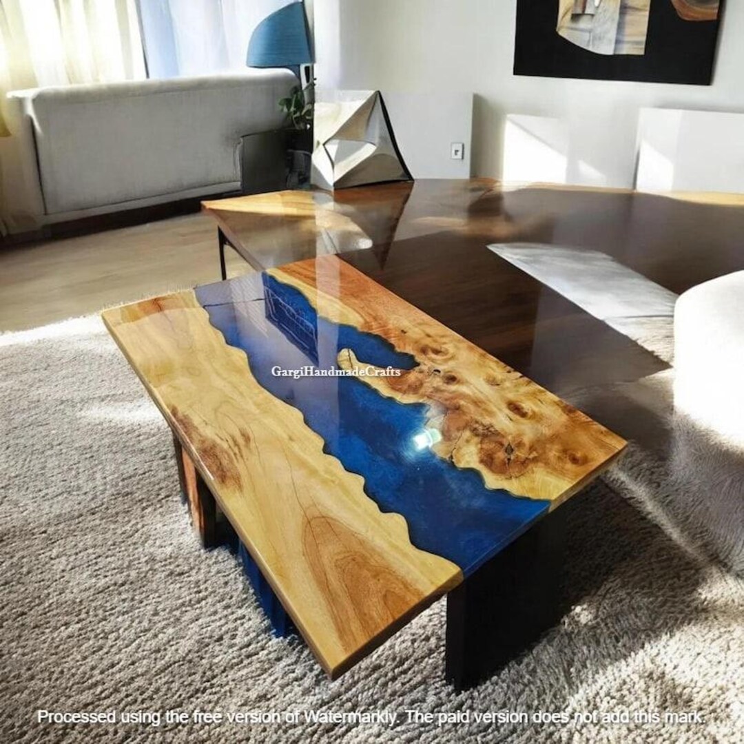 Epoxy Blue Resin Dining Table Live Edge Acacia Wood Unique Kitchen ...