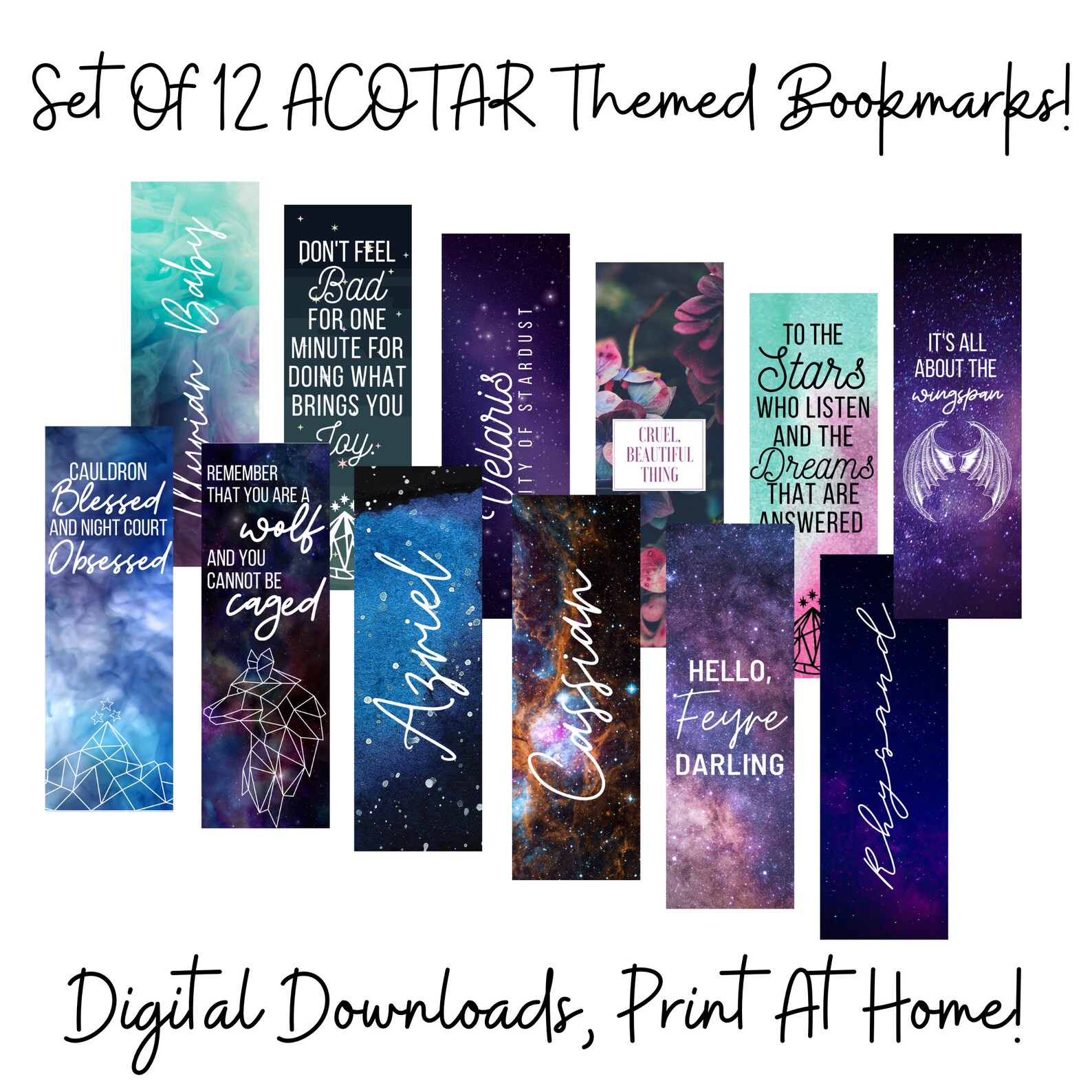 Set of 12 ACOTAR Themed Bookmarks, Printable Bookmarks, A Court of ...