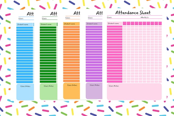 Attendance Sheet Bundle/multicolor/blue Green Pink Orange - Etsy