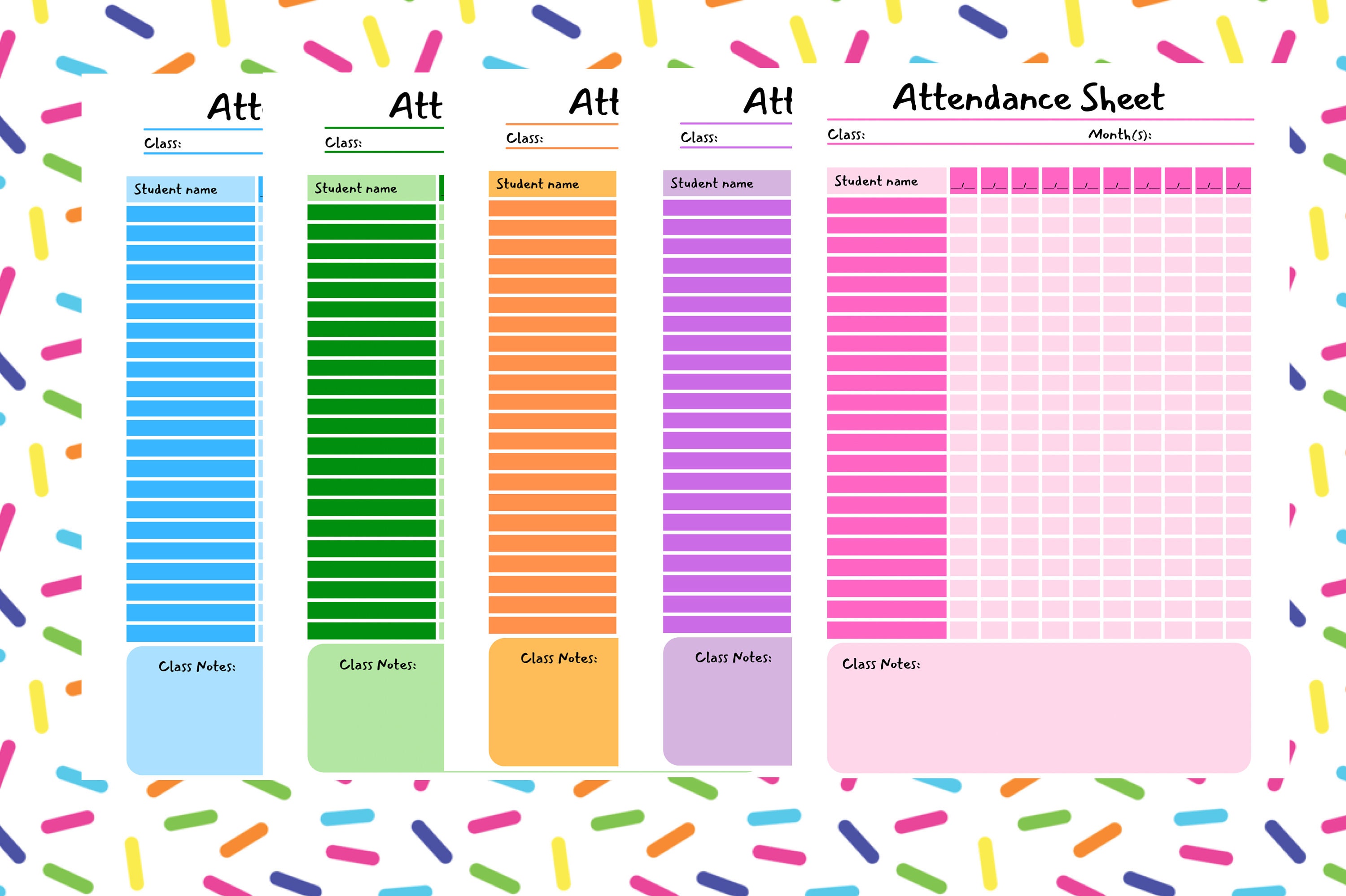 Attendance Sheet Bundle/multicolor/blue, Green, Pink, Orange, Purple ...