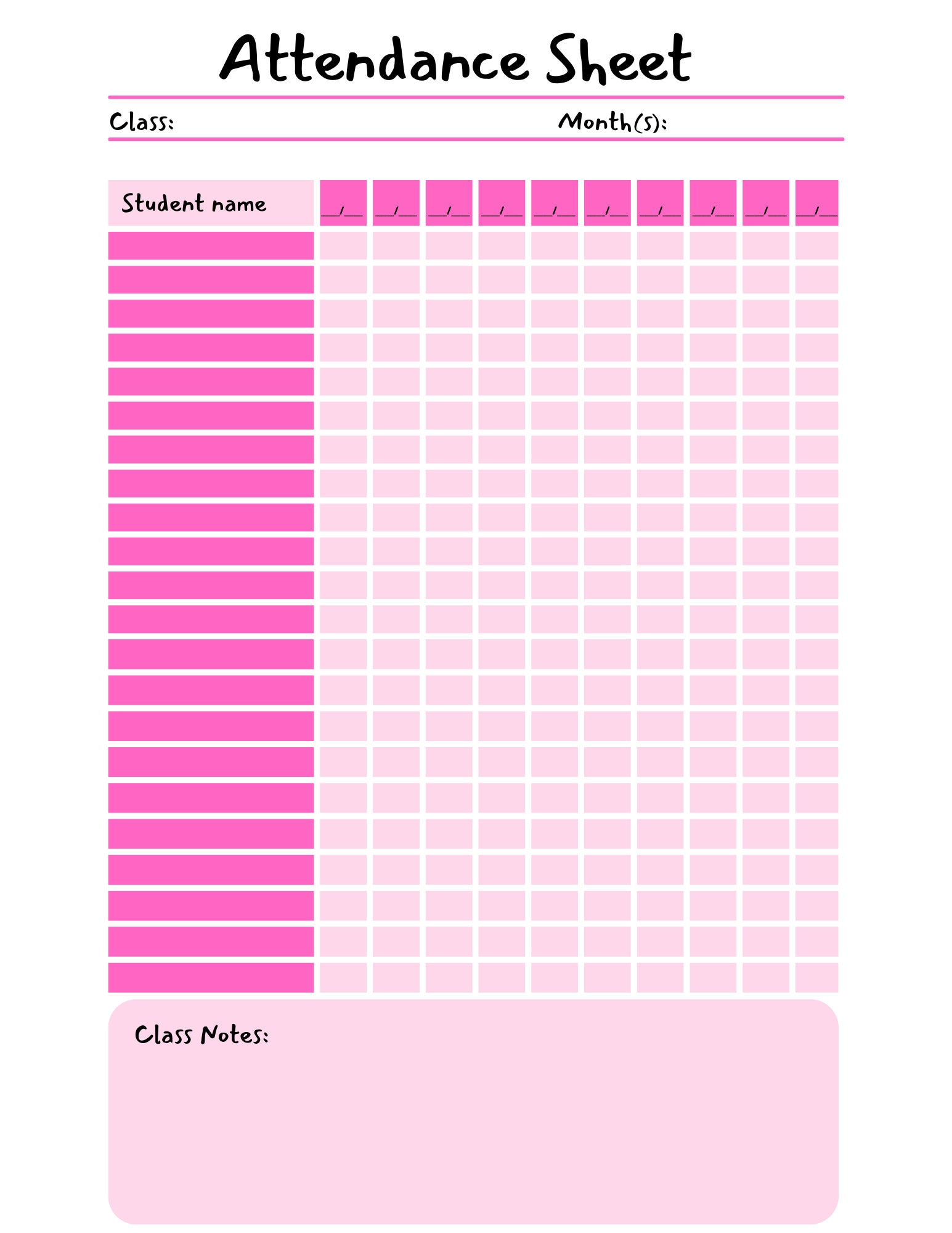 Attendance Sheet Bundle/multicolor/blue, Green, Pink, Orange, Purple ...