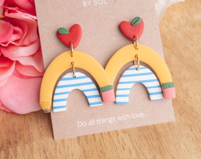 Pencil Rainbow Polymer Clay Dangle Earrings For Teachers Or Teacher