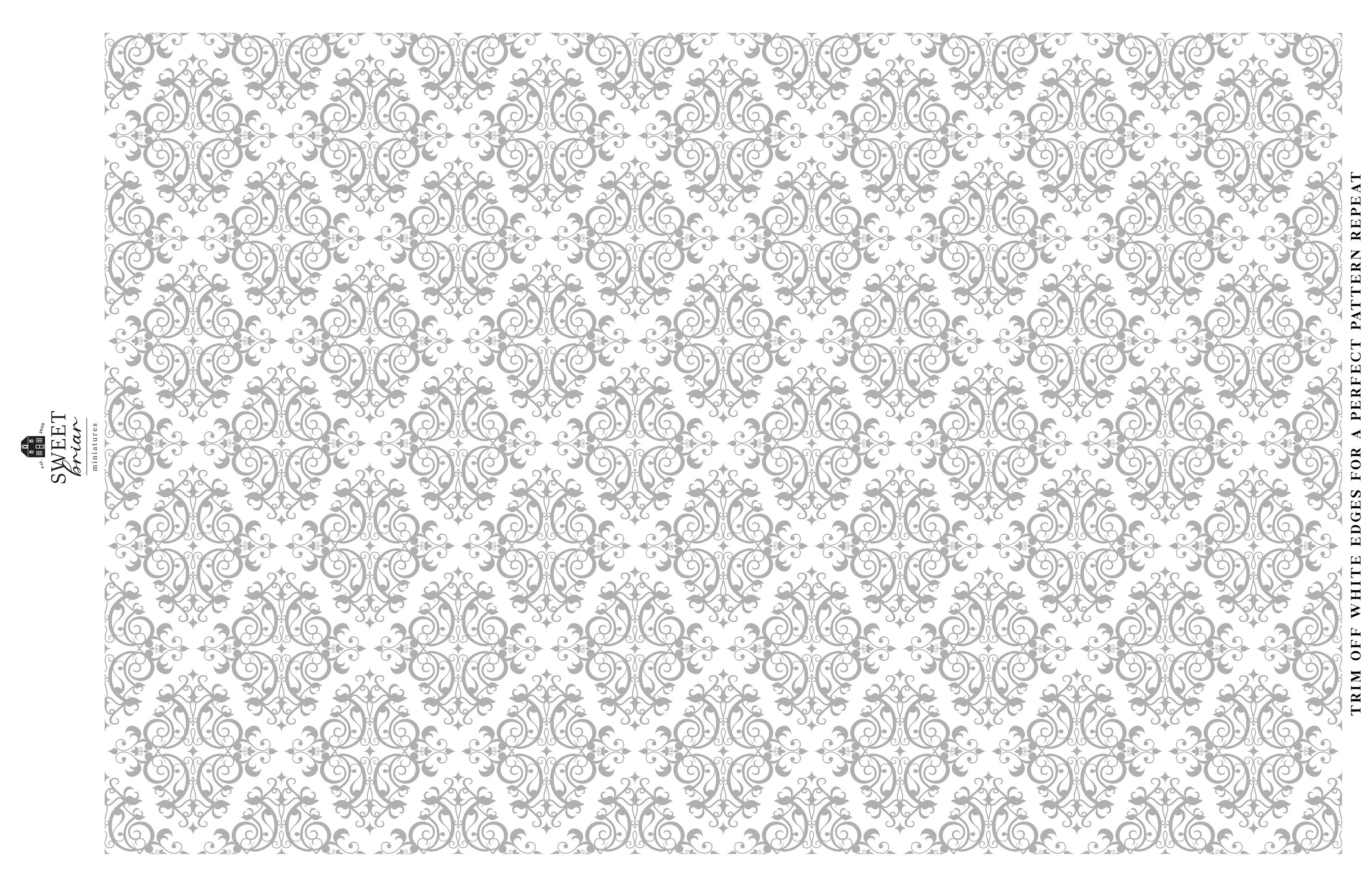 Dollhouse Wallpaper 1/12 Scale Modern Light Gray White Damask Ornate ...