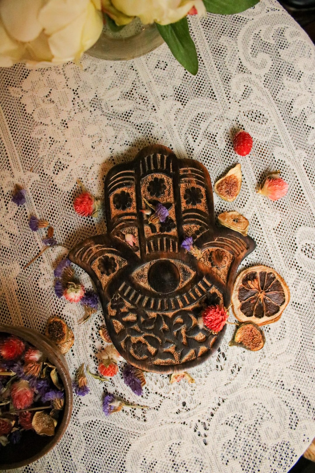 Wooden VINES & FLOWERS Hamsa Decoration - 7" X 6" - Hand of Miriam Hand ...
