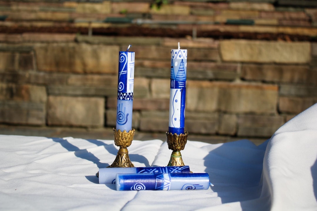 Handpainted Hamsa Blue & White Artisanal Shabbat Candles - Geometric ...