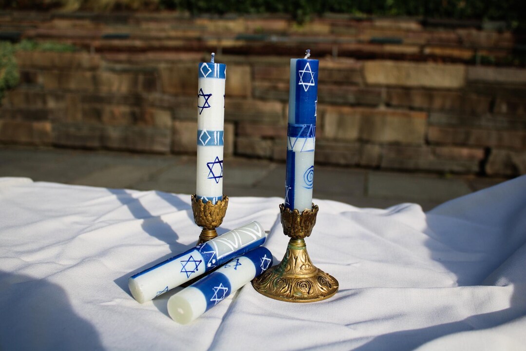 Handpainted Star of David Blue & White Artisanal Shabbat Candles ...
