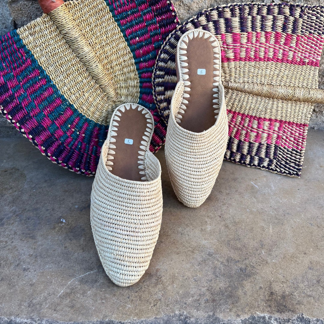 Natural Raffia Slippers, Raffia Mules, Raffia Sandals Slippers for ...