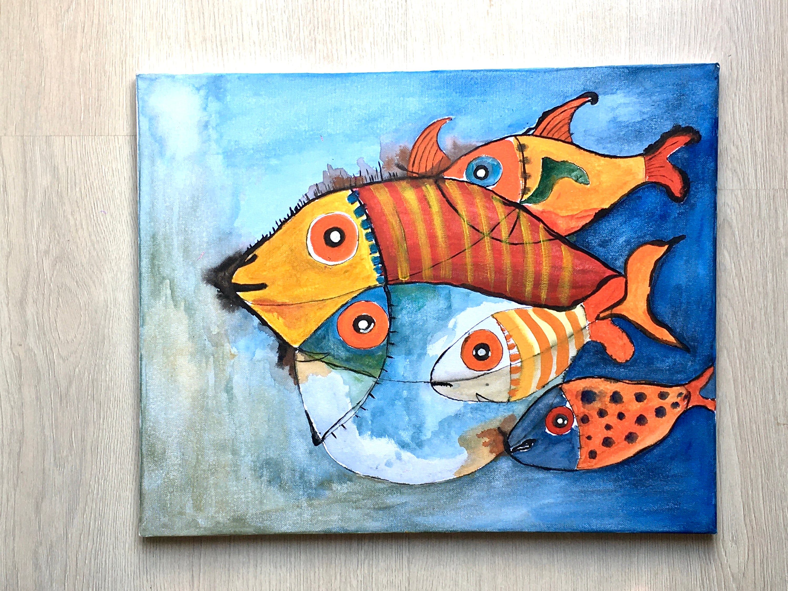 Flock of Fish,acrylic Original Painting on Canvas, Abstract Fish,marine ...