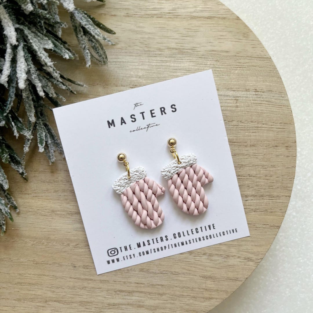 Pink Mitten Earrings, Clay Mitten Polymer Clay Earring, Clay Christmas ...