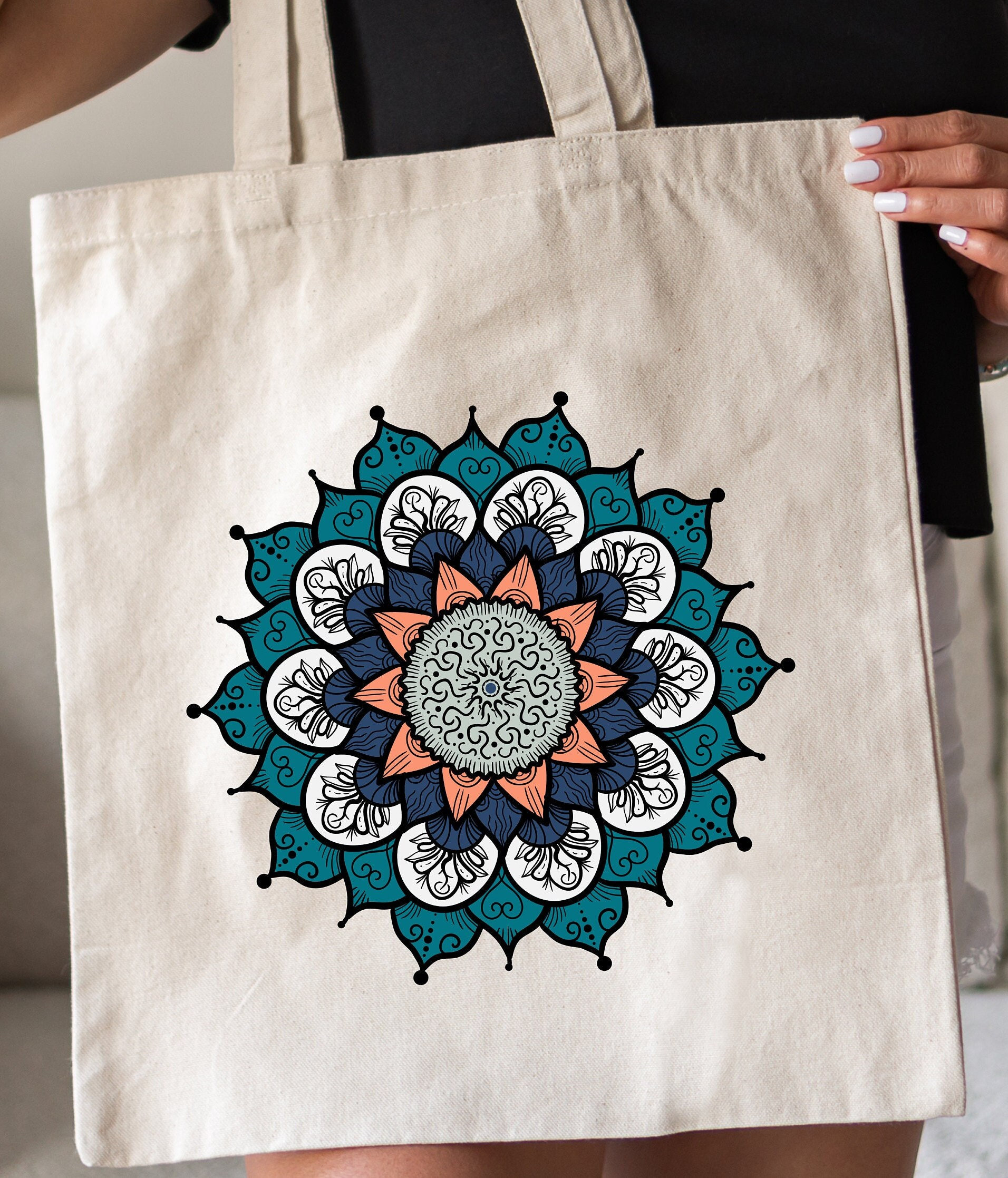 Mandala Canvas Tote Bag, Colorful Mandala Bag, Cream Canvas Bag, Black ...