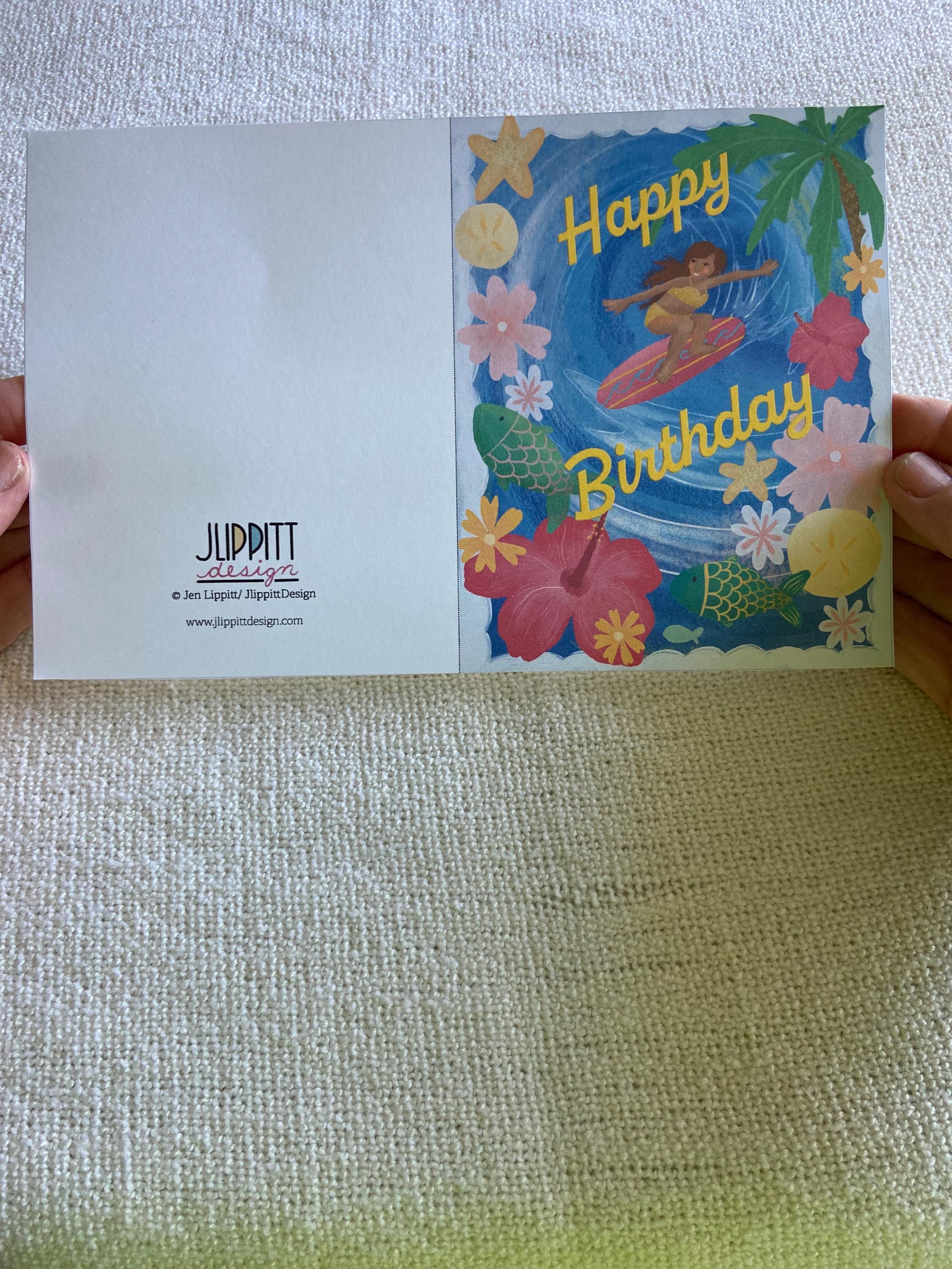 Printable Illustrated Surfer Girl Birthday Card | Flowers and Seashells ...