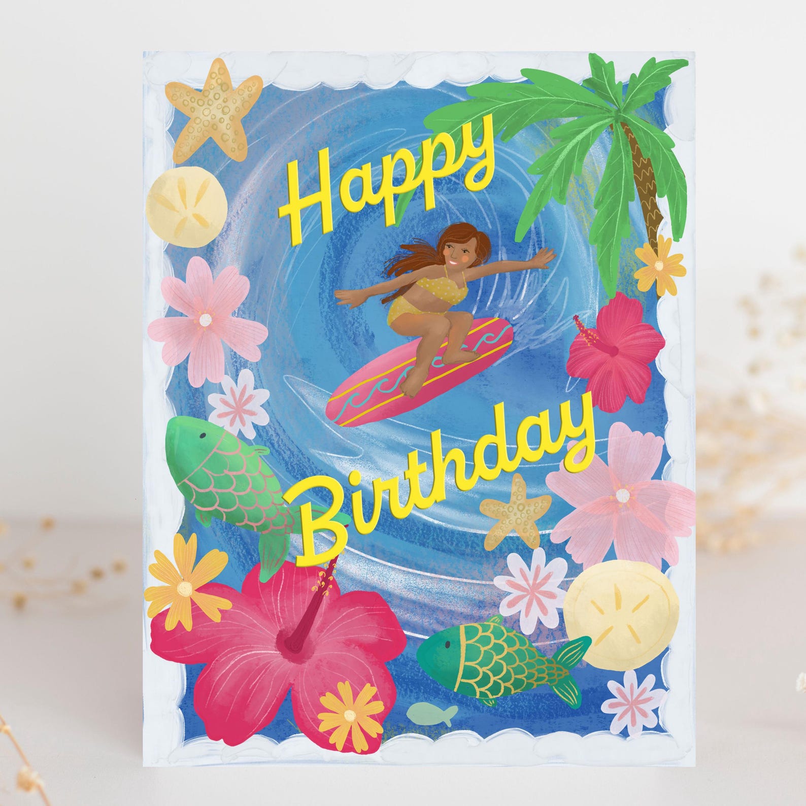 Printable Illustrated Surfer Girl Birthday Card | Flowers and Seashells ...