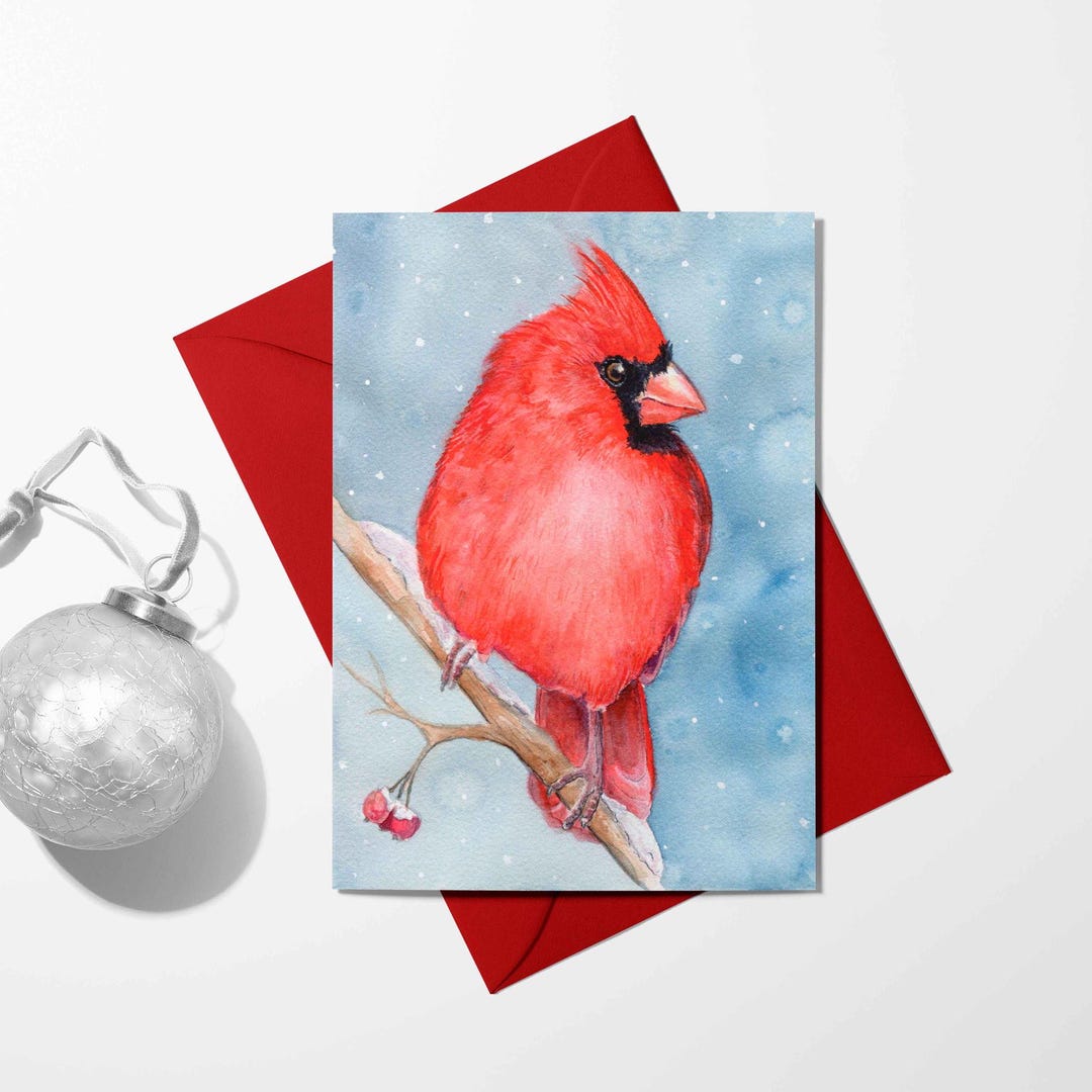 Printable Watercolor Cardinal Holiday Card Digital Download | Red ...