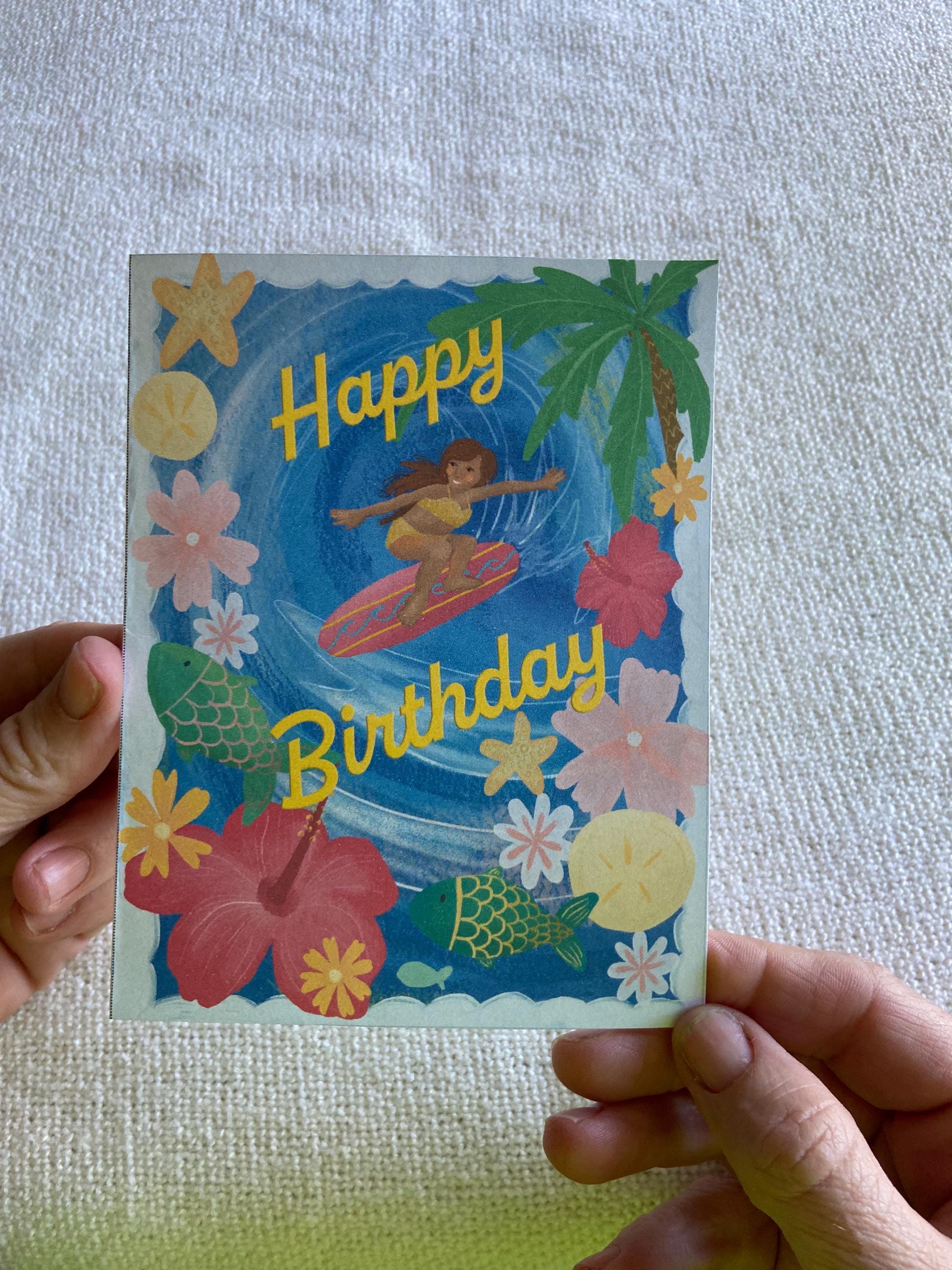Printable Illustrated Surfer Girl Birthday Card | Flowers and Seashells ...
