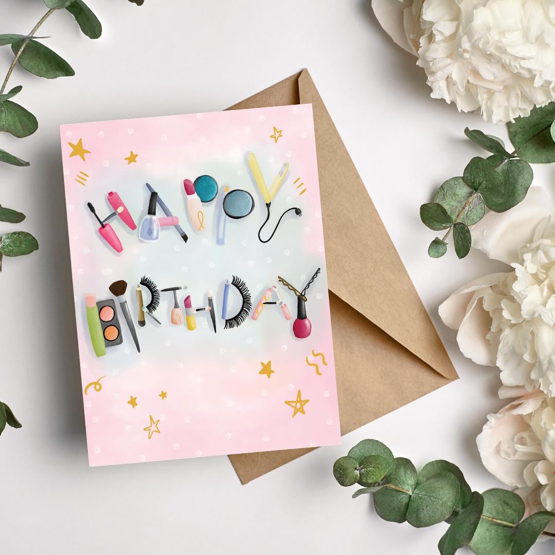 Printable Illustrated Colorful Makeup Birthday Card | Makeup Lover ...