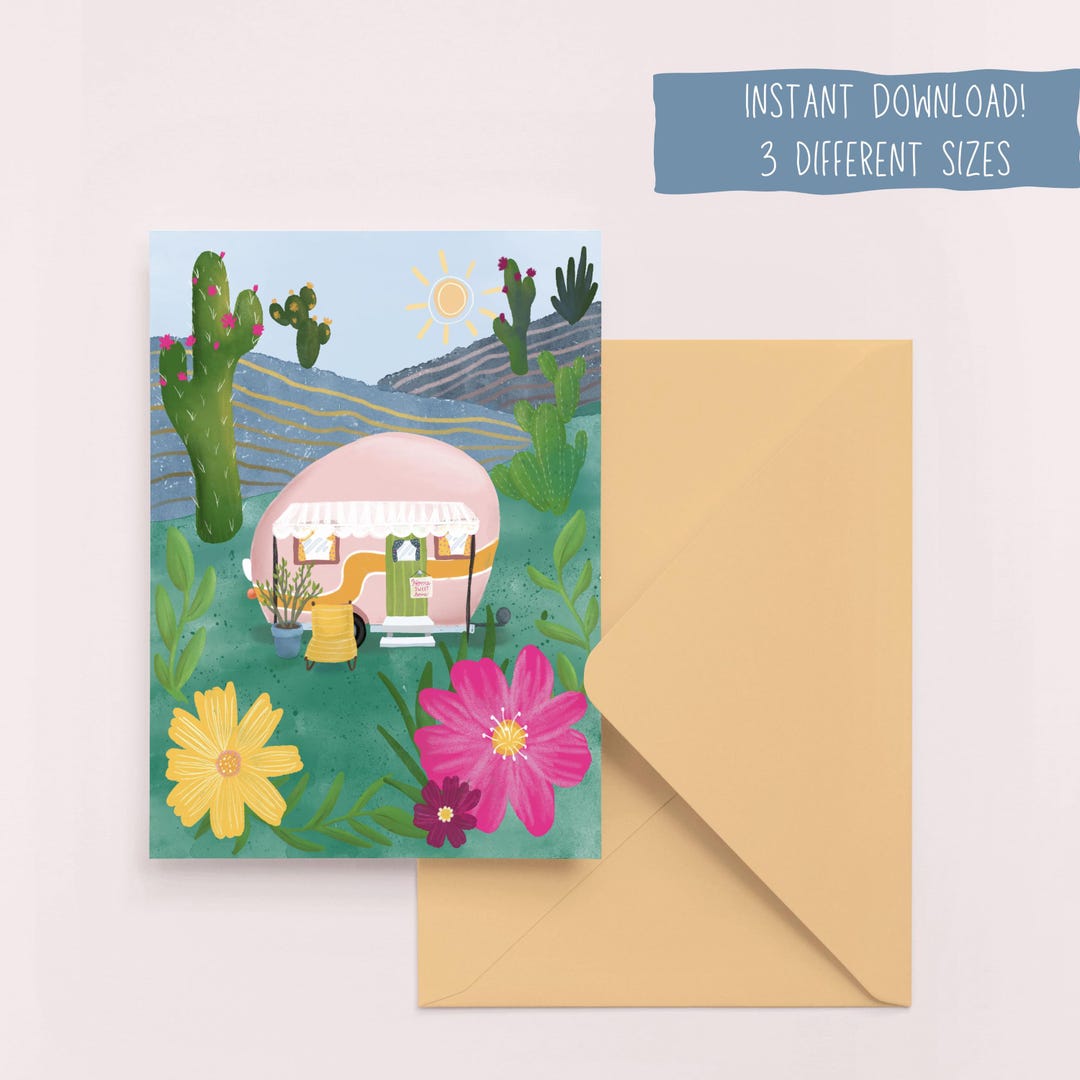 Illustrated Happy Camper Printable Greeting Card | Desert Camping DIY ...