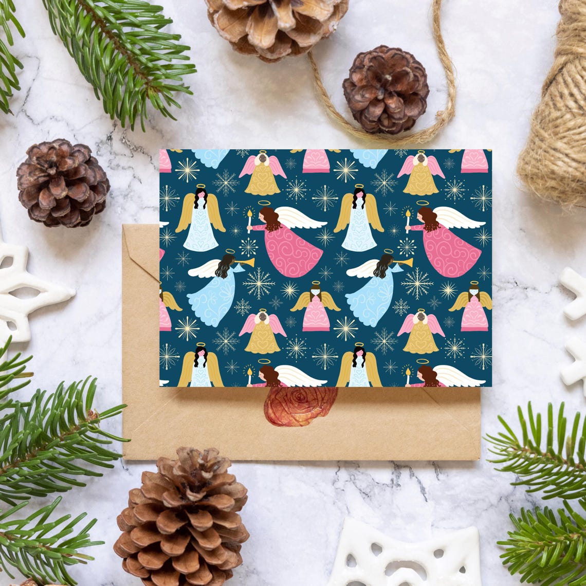 Printable Scandi Illustrated Christmas Angel and Snowflake Patterned ...