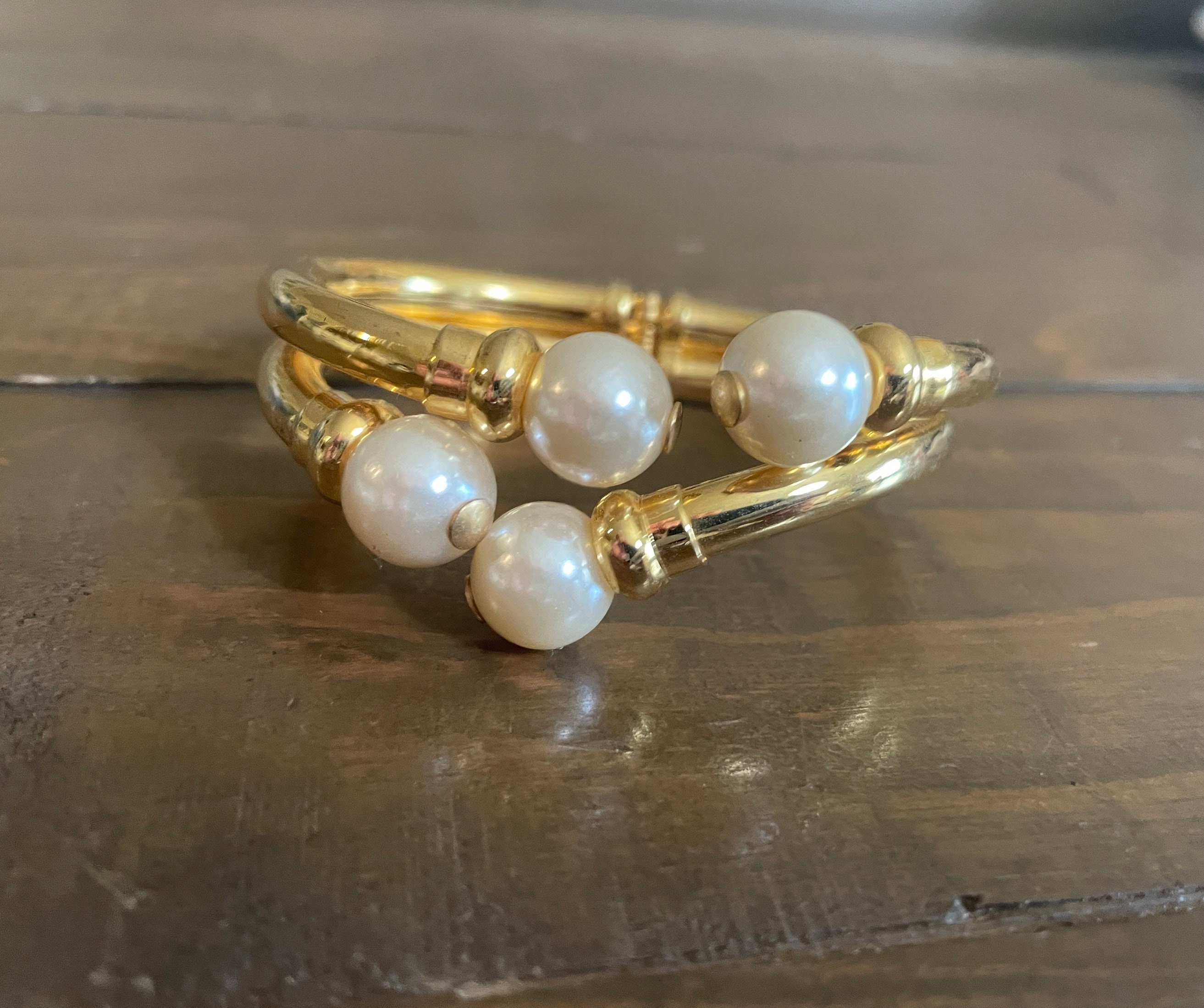 Gold Tone & Faux Pearl Hinge Bracelet - Etsy