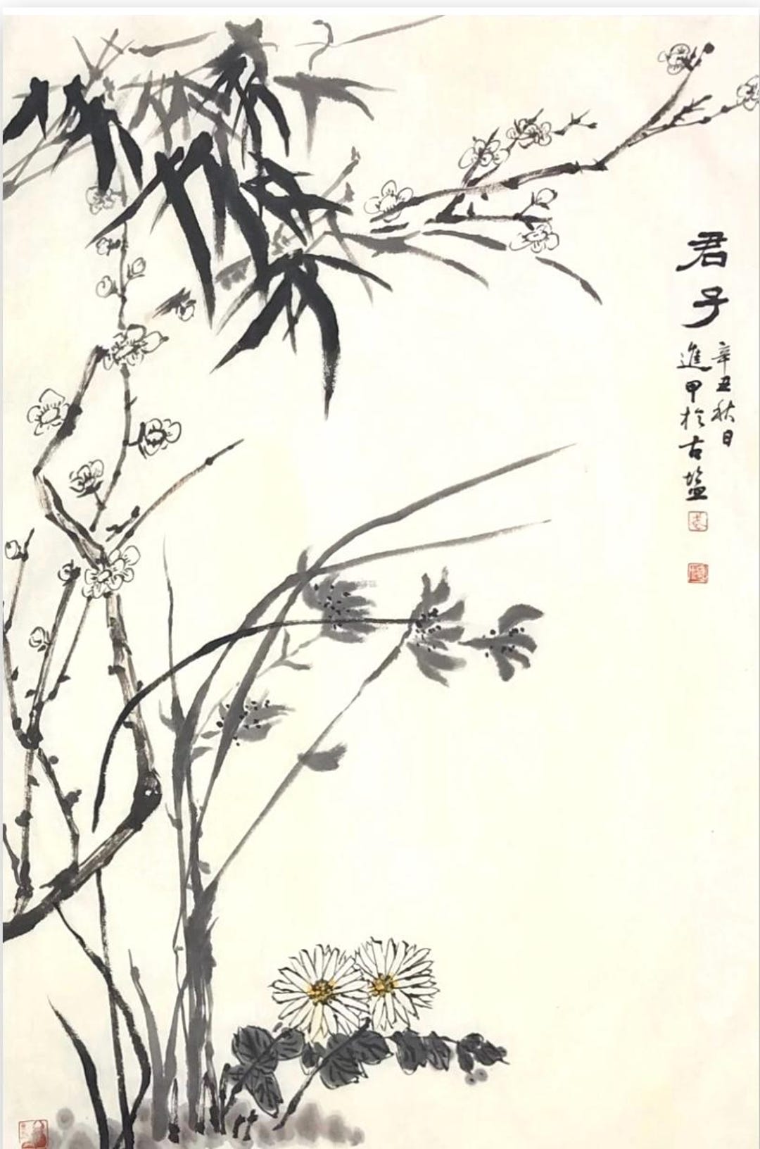 The Four Gentlemen.original Chinese Painting of Flowers and Birds, a ...